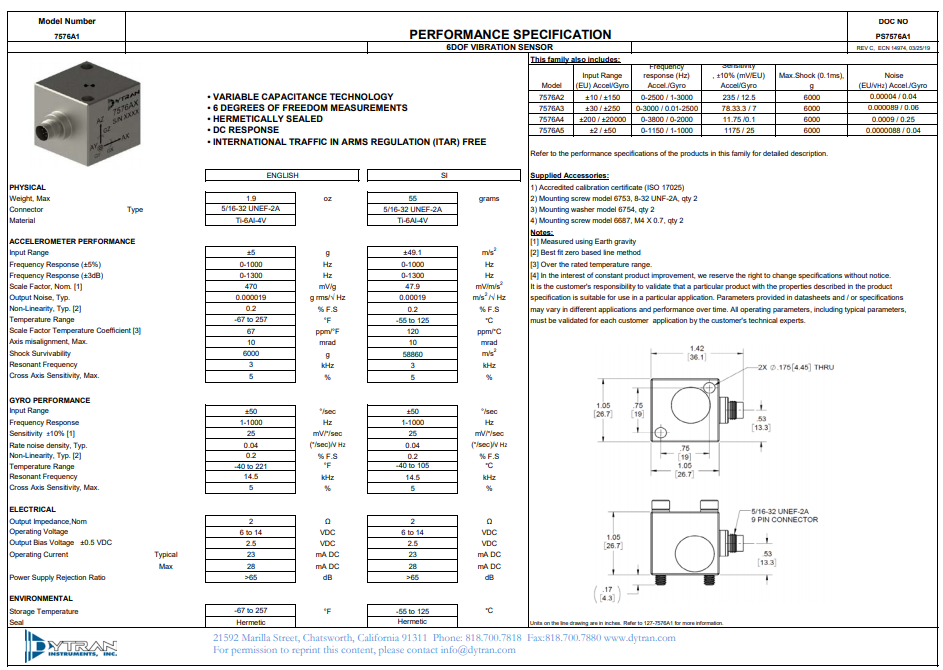 美国Dytran 7576系列 六自由度传感器,三轴加速度和三轴转速(7576A1,7576A2,7576A3,7576A4,7576A5 ...
