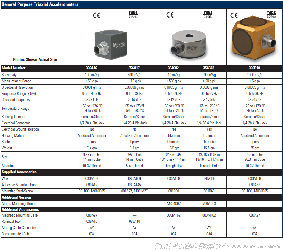 美国PCB 通用三轴加速度 356A16,356A17,354C02,354C03,356B18 - 北京美科环试MeK