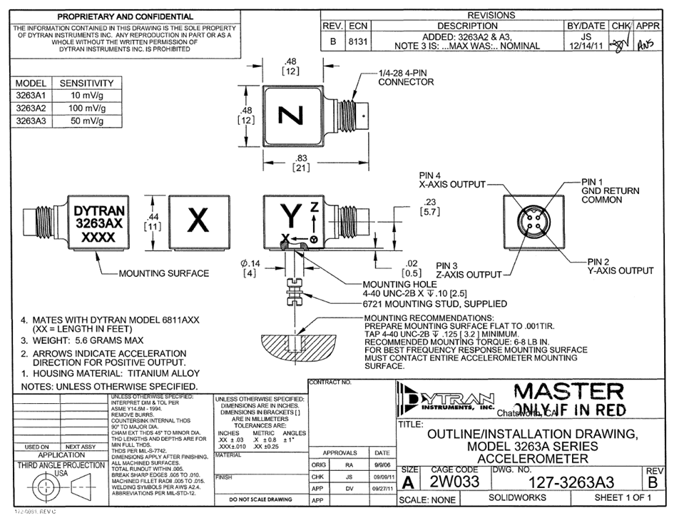 美国DYTRAN进口,进口三轴加速度传感器,IEPE/ICP/电压型,3263A1, 3263A2, 3263A3, 3263A7 ...