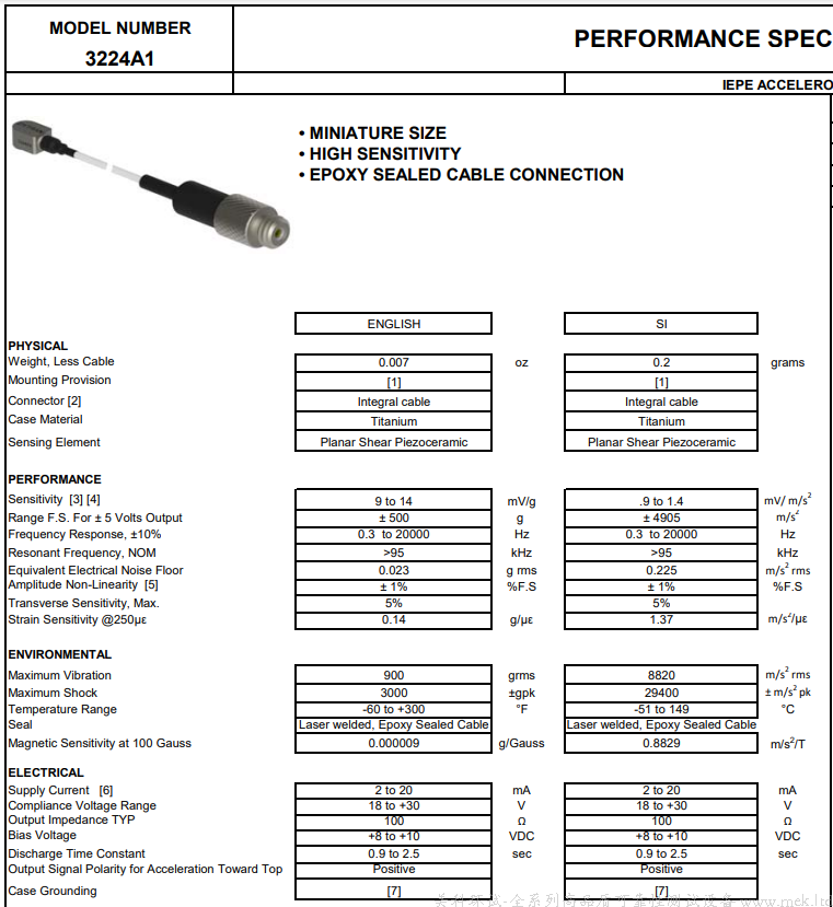 美国Dytran 3224系列 微型加速度计(3224A1,3224A2,3224A3,3224A4,3224A5,3224A6),机械冲击 ...