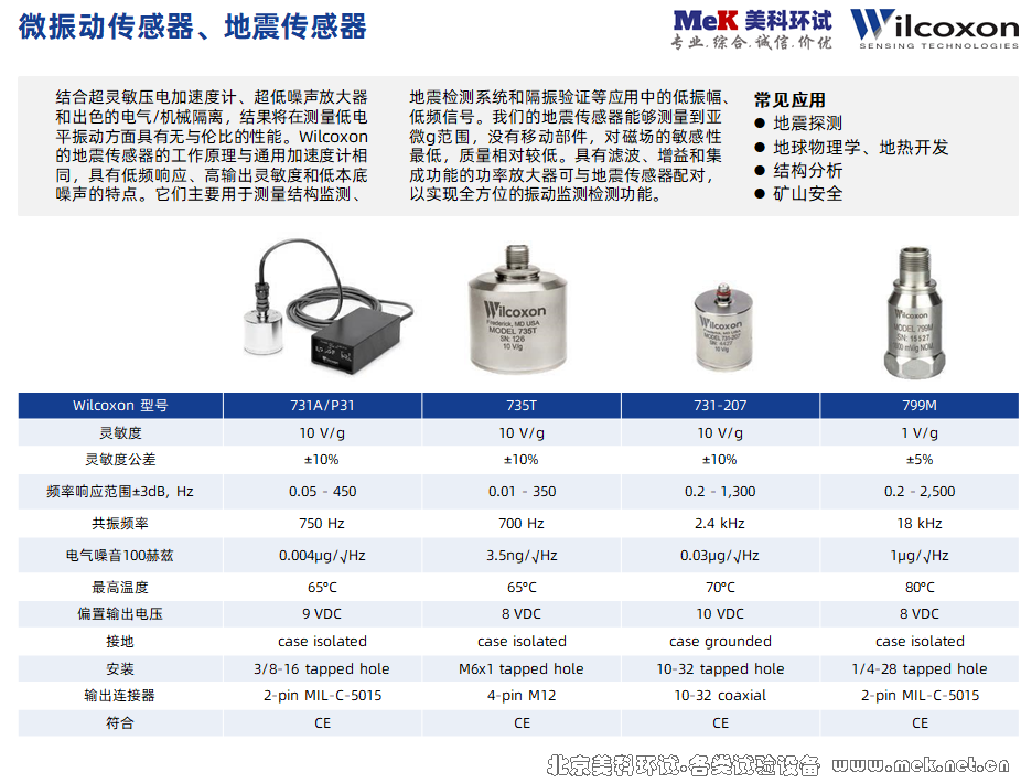 美国Wilcoxon 超高灵敏度 731A - 地震传感器，10 V/g - 北京美科环试MeK